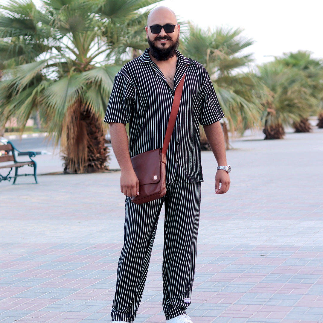 Oversize Lining Open Collar Shirt & Pants Set - Black