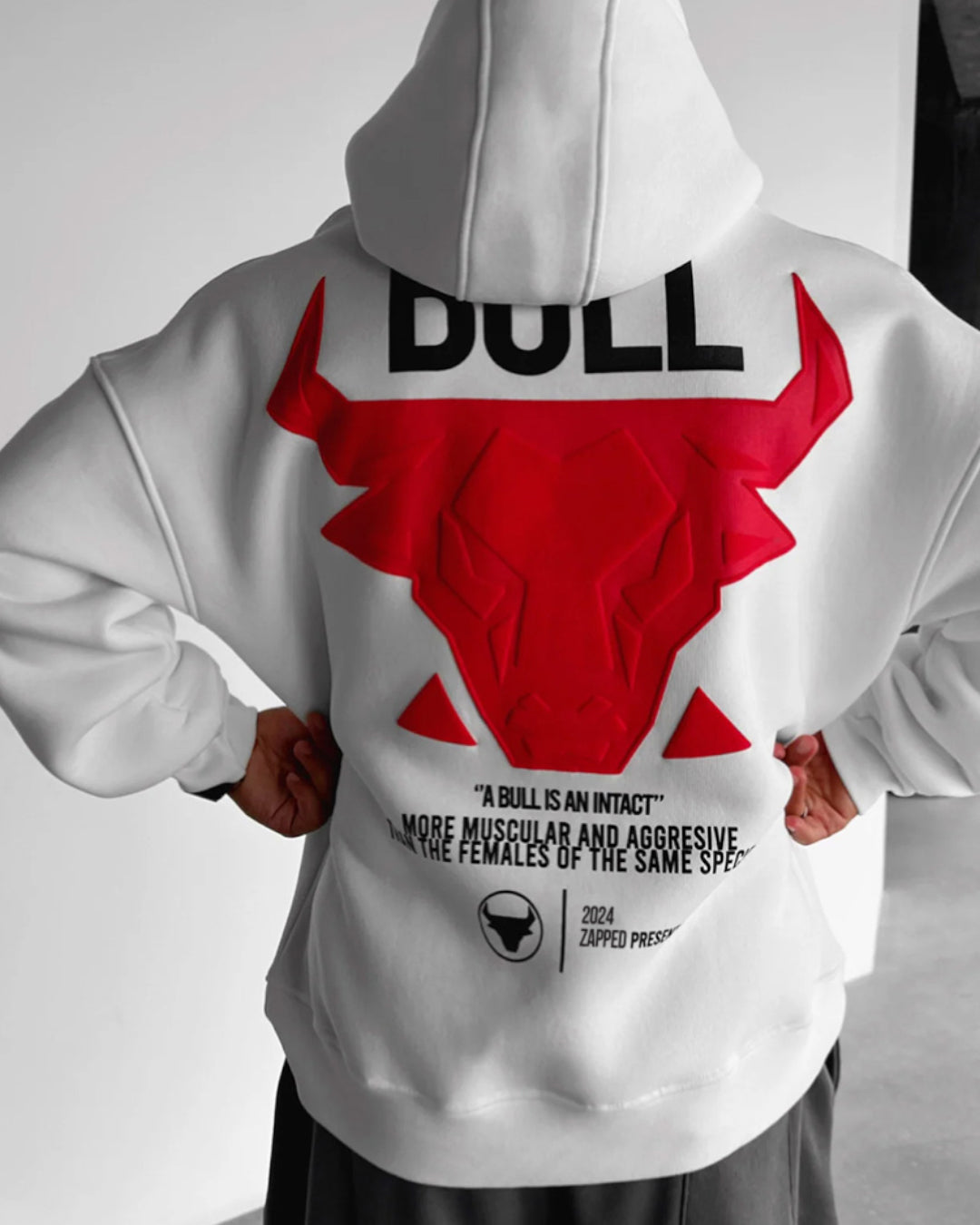 DROP SHOULDER PUFF PRINT BULL HOODIE - WHITE RED – Zapped