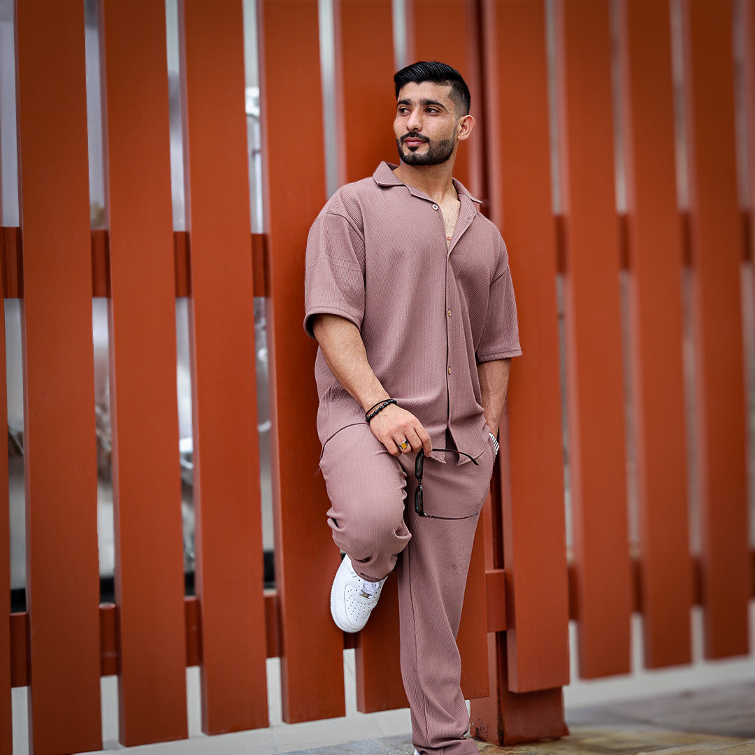Oversize Pleated Open Collar Shirt & Pants Set - Brown