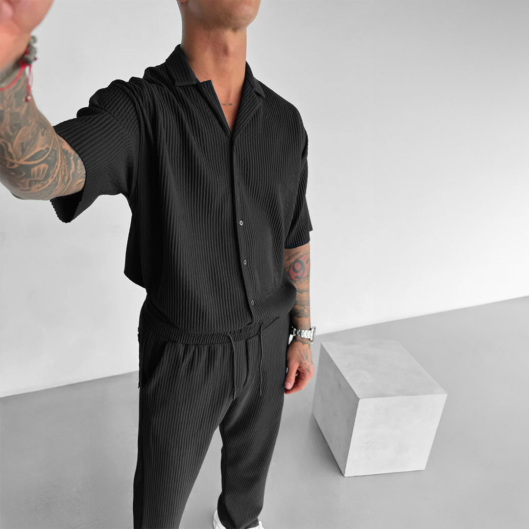 Oversize Pleated Open Collar Shirt & Trouser Set - Black – Zapped