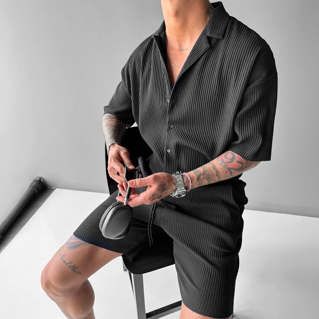 Zapped Oversize Lining Open Collar Shirt & Trouser Set – Black