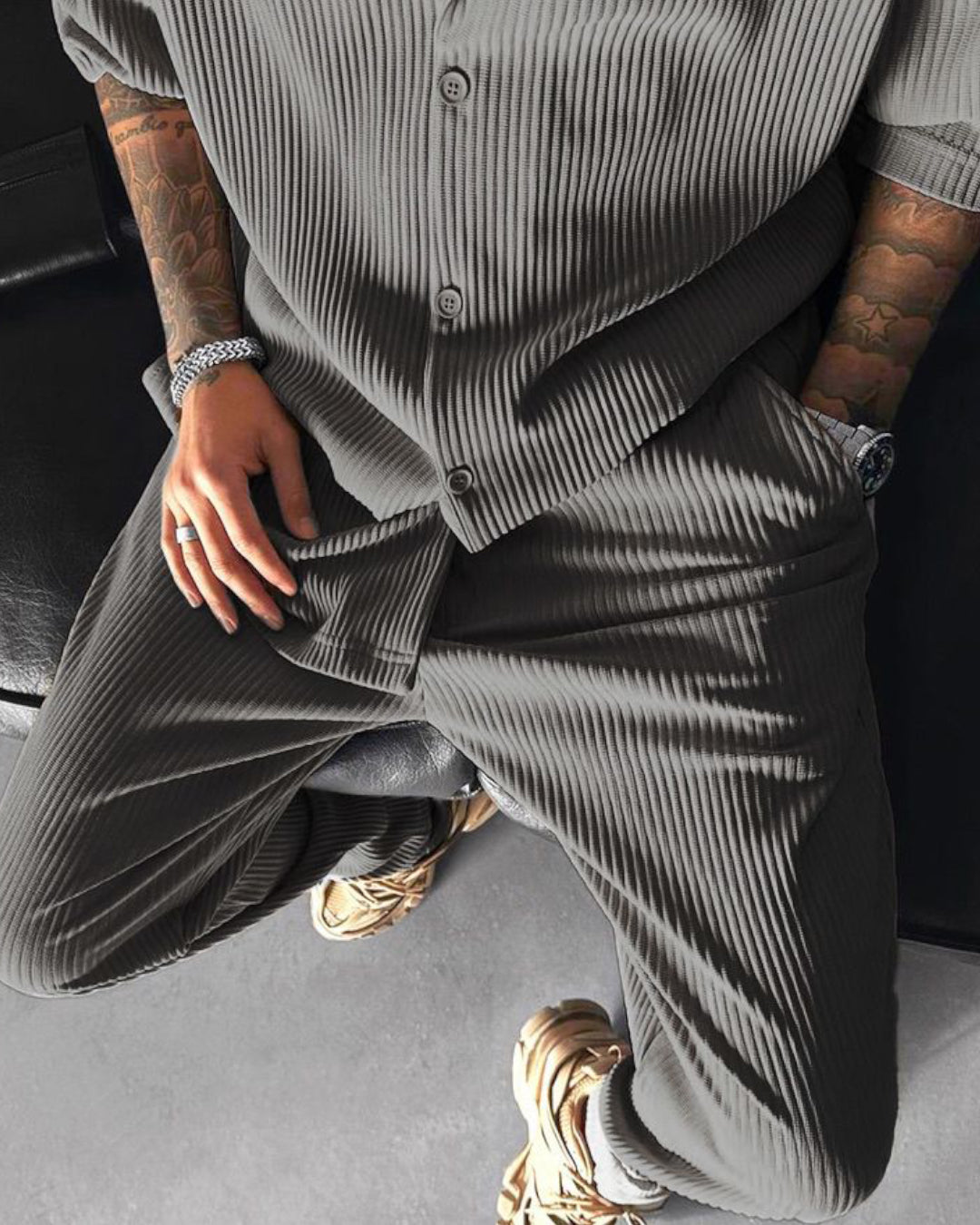 Oversize Pleated Open Collar Shirt & Trouser Set - Dark Gray – Zapped
